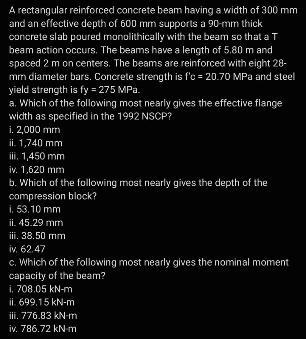 Solved A rectangular reinforced concrete beam having a width | Chegg.com