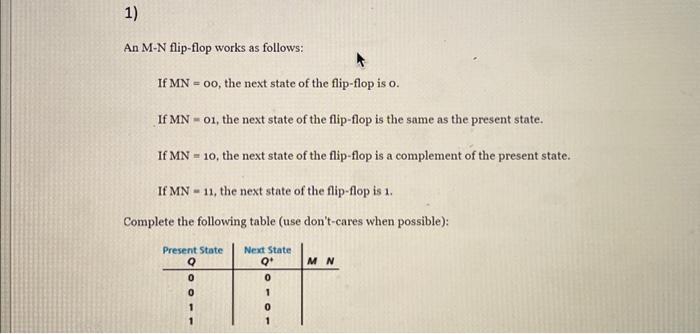 Solved An M-N flip-flop works as follows: If MN=00, the next | Chegg.com