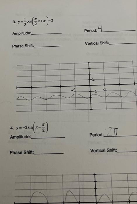 Solved 3. y=31cos(2πx+π)−2 Amplitude: Period: Phase Shift: | Chegg.com