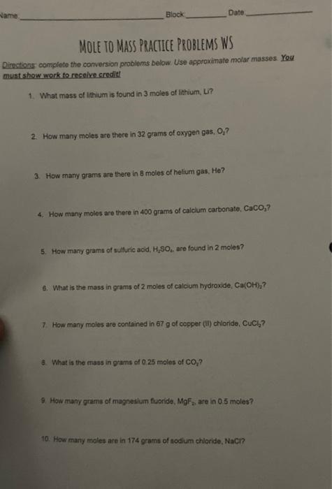 Solved Block Dato MOLE TO MASS PRACTICE PROBLEMS WS | Chegg.com