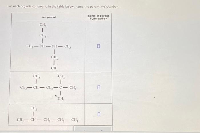 Solved For each organic compound in the table below, name | Chegg.com