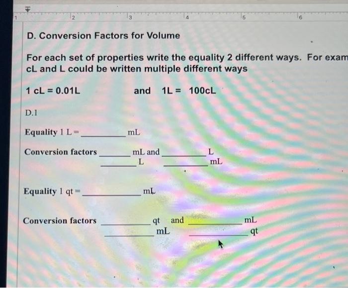 Solved D. Conversion Factors for Volume For each set of | Chegg.com