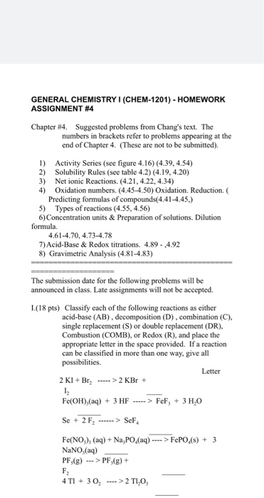 Solved GENERAL CHEMISTRY I (CHEM-1201) - HOMEWORK ASSIGNMENT | Chegg.com