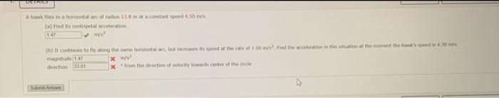 Solved DETAILS A hawk flies in a horizontal arc of radius | Chegg.com