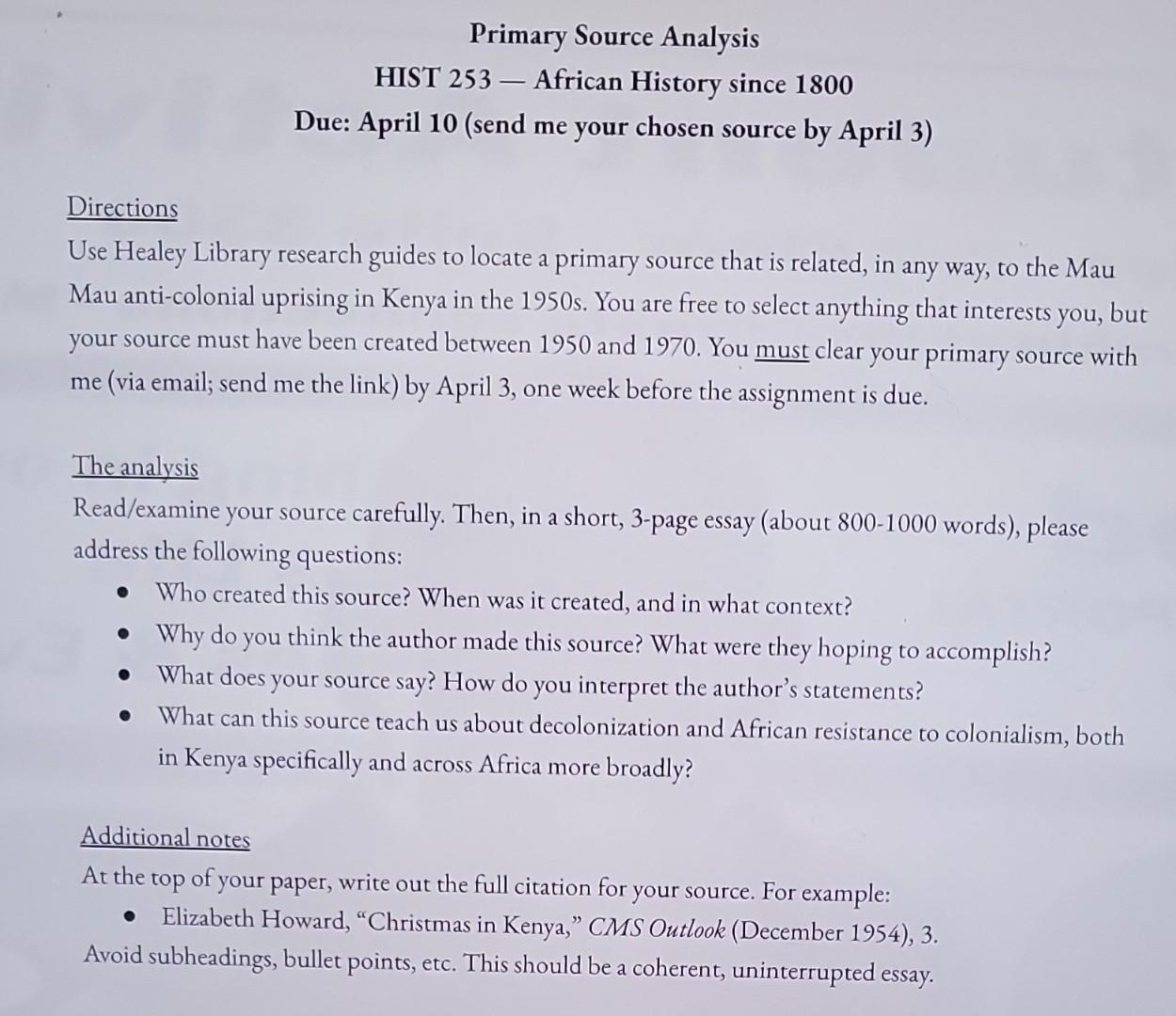 Primary Source Analysis HIST 253 - African History | Chegg.com
