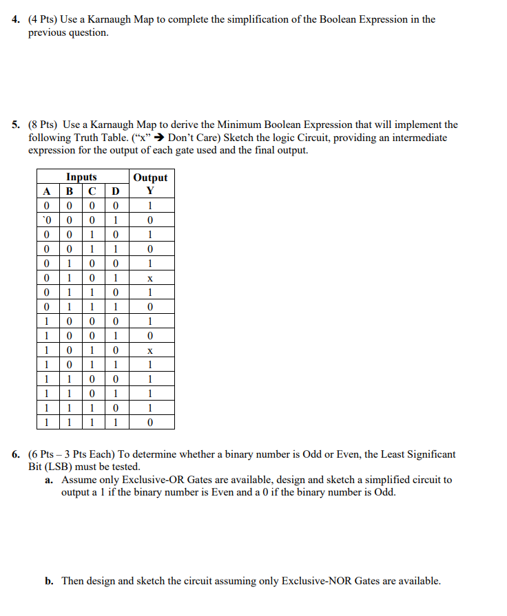 4. (4 ﻿Pts) ﻿Use a Karnaugh Map to complete the | Chegg.com