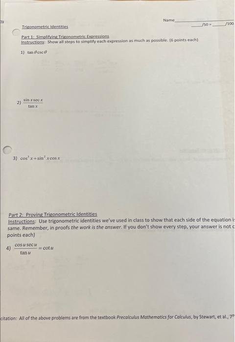 Solved m с 4) Trigonometric Identities 2) Part 1: | Chegg.com