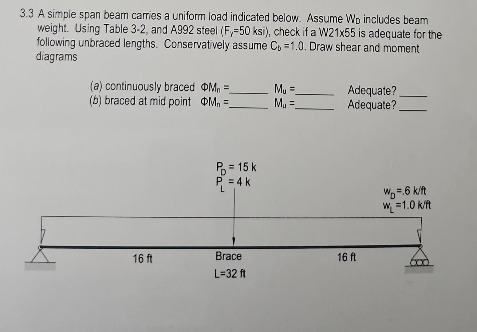 Solved 3.3 A simple span beam carries a uniform load | Chegg.com