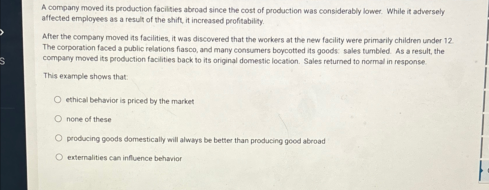 Solved A company moved its production facilities abroad | Chegg.com