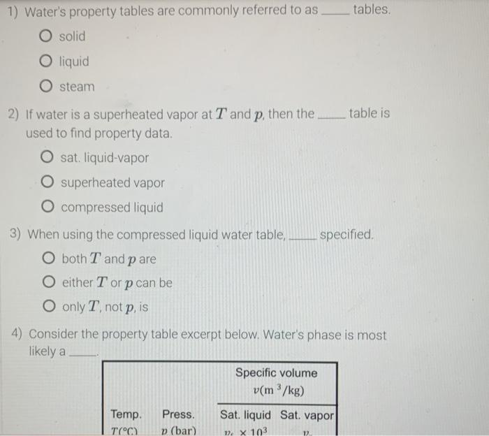 Solved 1) Water's property tables are commonly referred to | Chegg.com