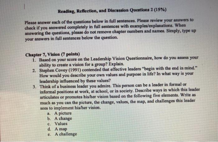 Reading, Reflection, and Discussion Questions 2 (15%) | Chegg.com