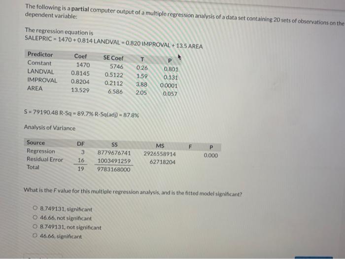 Solved The following is a partial computer output of a | Chegg.com