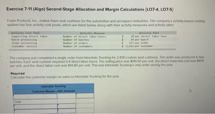 Solved Exercise 7-11 (Algo) Second-Stage Allocation and | Chegg.com