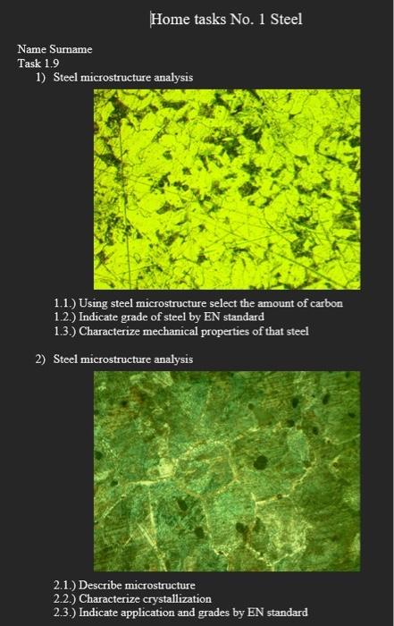 Solved Name Surname Task 1.9 1) Steel microstructure | Chegg.com