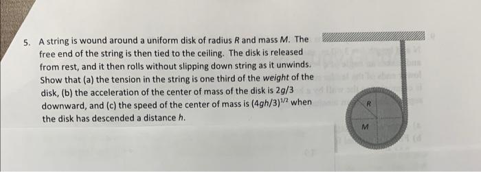 Solved 5. A string is wound around a uniform disk of radius | Chegg.com