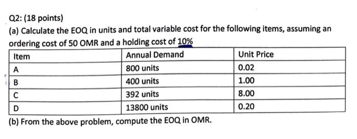Solved Q2: (18 points) (a) Calculate the EOQ in units and | Chegg.com
