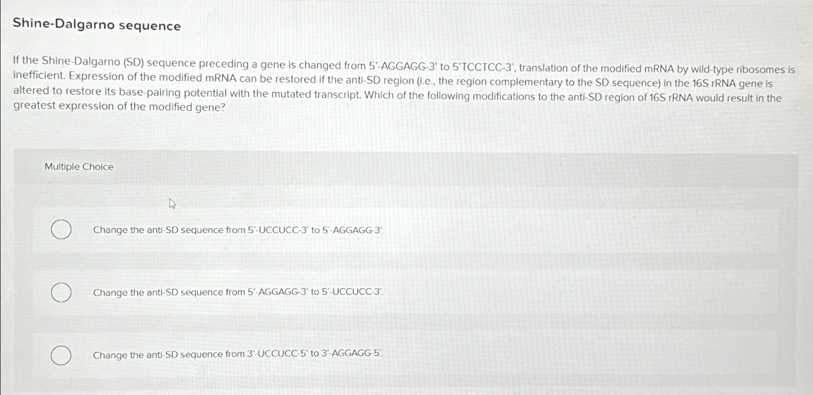 Solved Shine-Dalgarno sequenceIf the Shine-Dalgarno (SD) | Chegg.com