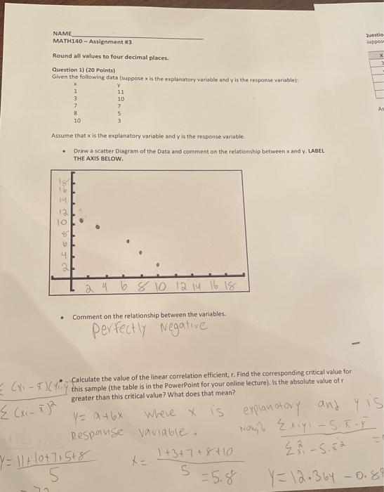 Solved NAME MATH 140 - Assignment \# 3 Round all values to | Chegg.com
