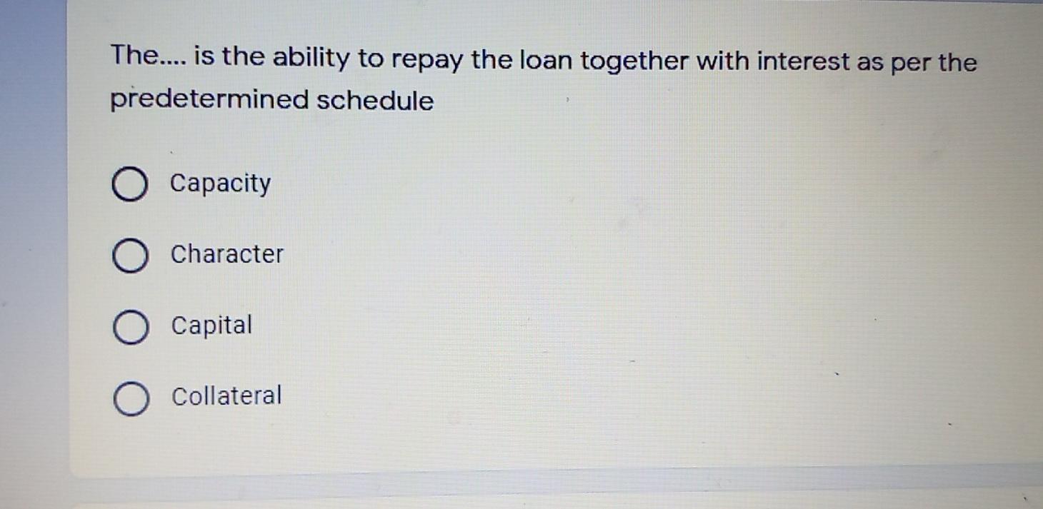Solved The.... is the ability to repay the loan together | Chegg.com