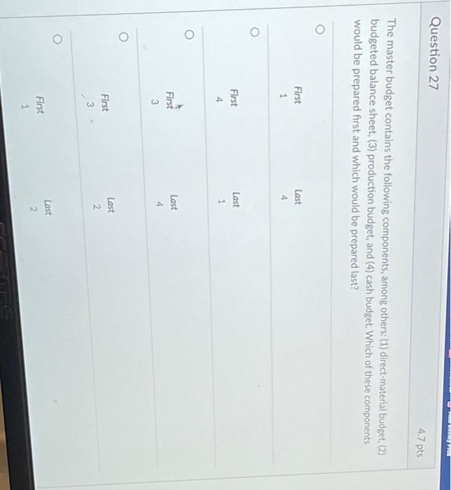 Solved Question 27 4 7 Pts The Master Budget Contains The Chegg
