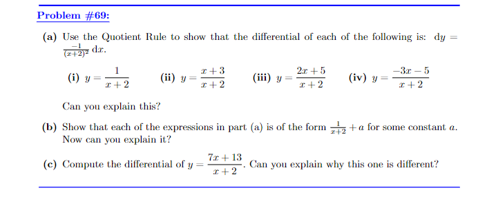 Solved Problem #69:(a) ﻿Use the Quotient Rule to show that | Chegg.com