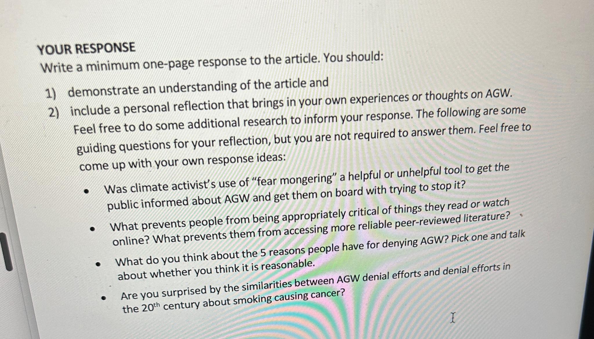 Solved YOUR RESPONSEWrite a minimum one-page response to the | Chegg.com
