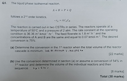 Solved The liquid phase isothermal reaction.Total ( 30 | Chegg.com