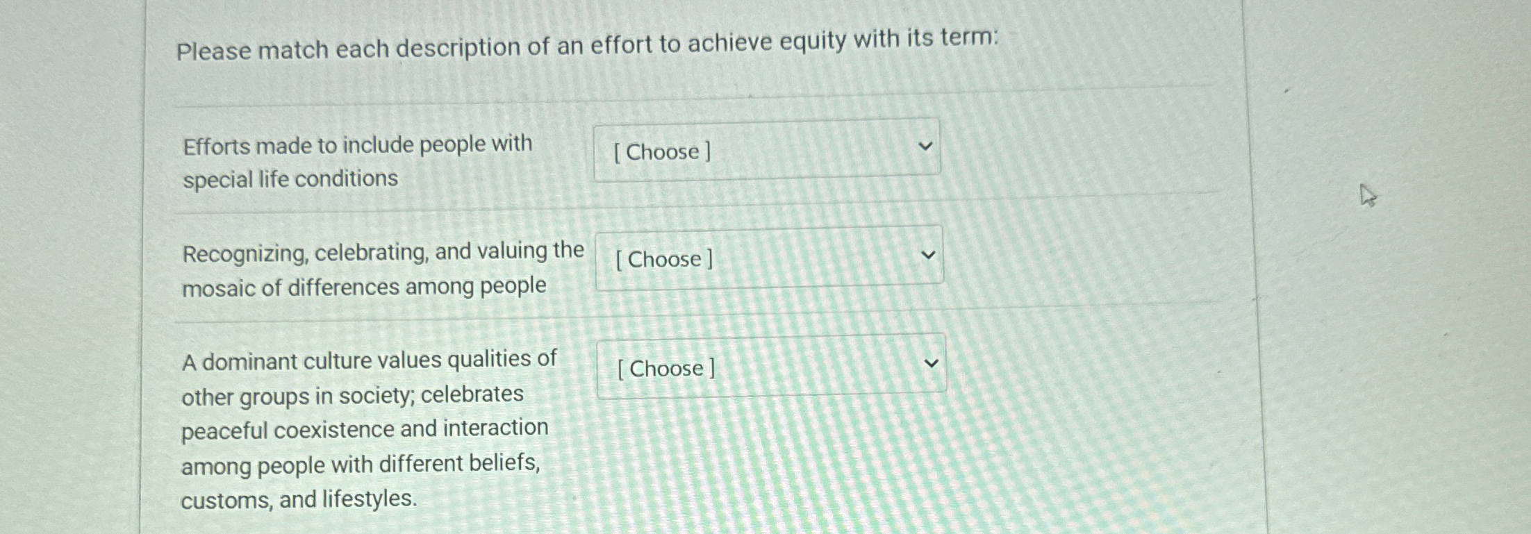 Solved Please match each description of an effort to achieve | Chegg.com