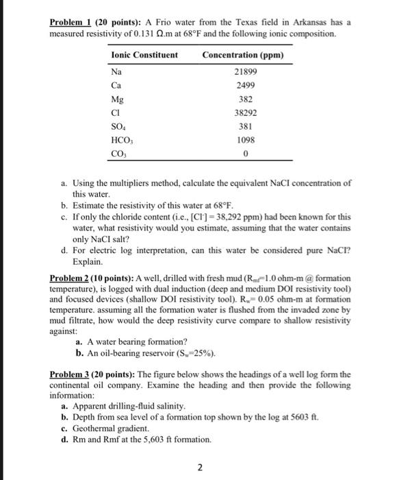 Solved Problem 1 (20 points): A Frio water from the Texas | Chegg.com
