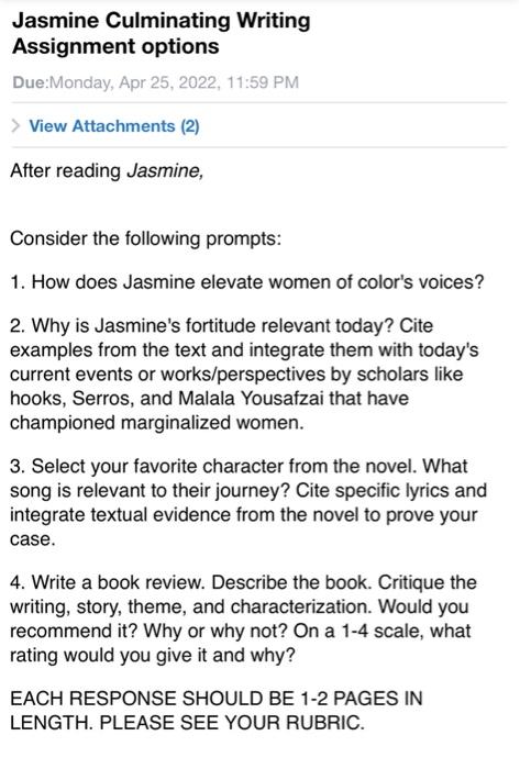 Solved Jasmine Culminating Writing Assignment options | Chegg.com