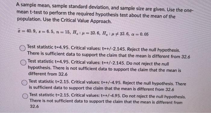 Solved A sample mean, sample standard deviation, and sample | Chegg.com