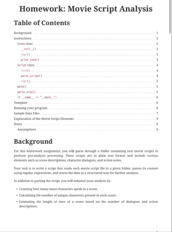 Solved Homework: Movie Script AnalysisTable of Contents | Chegg.com