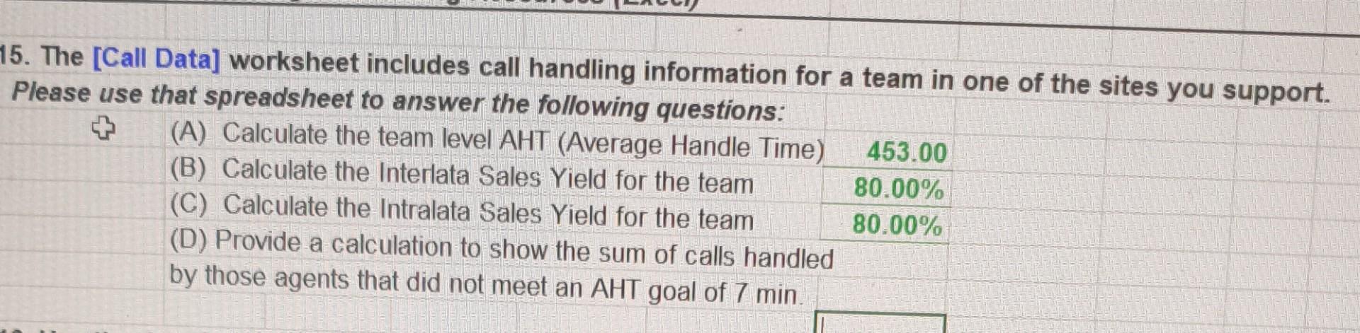 Solved 15. The [Call Data] worksheet includes call handling | Chegg.com