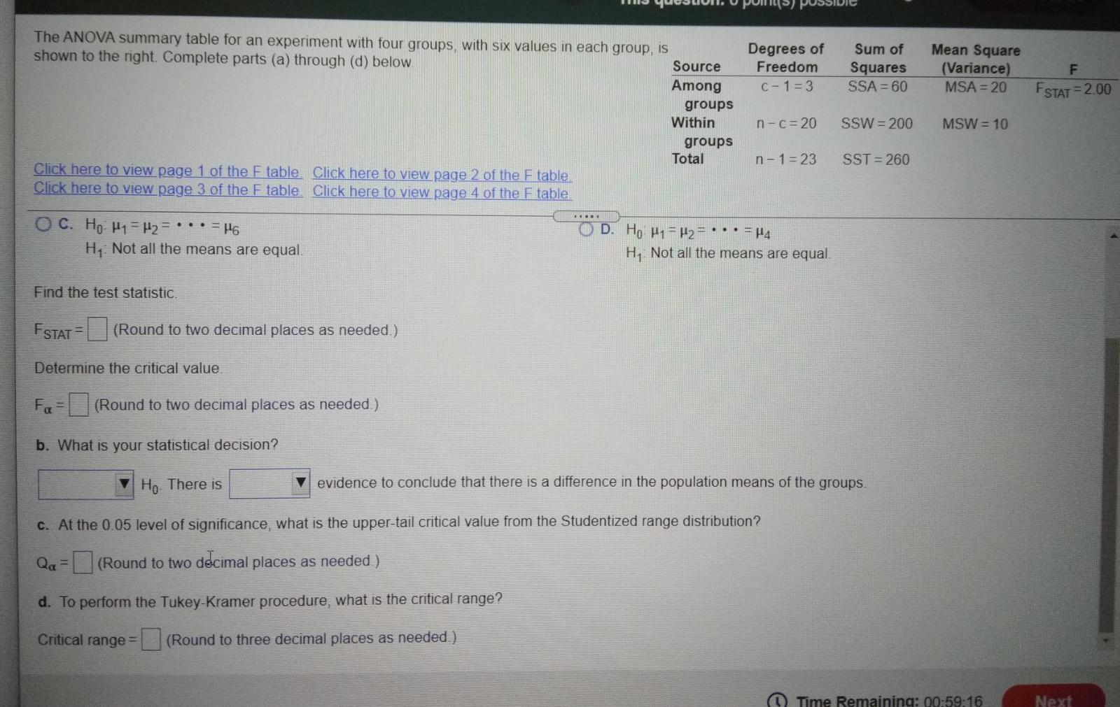 Solved Degrees of Freedom C-1 = 3 Sum of Squares SSA = 60 | Chegg.com