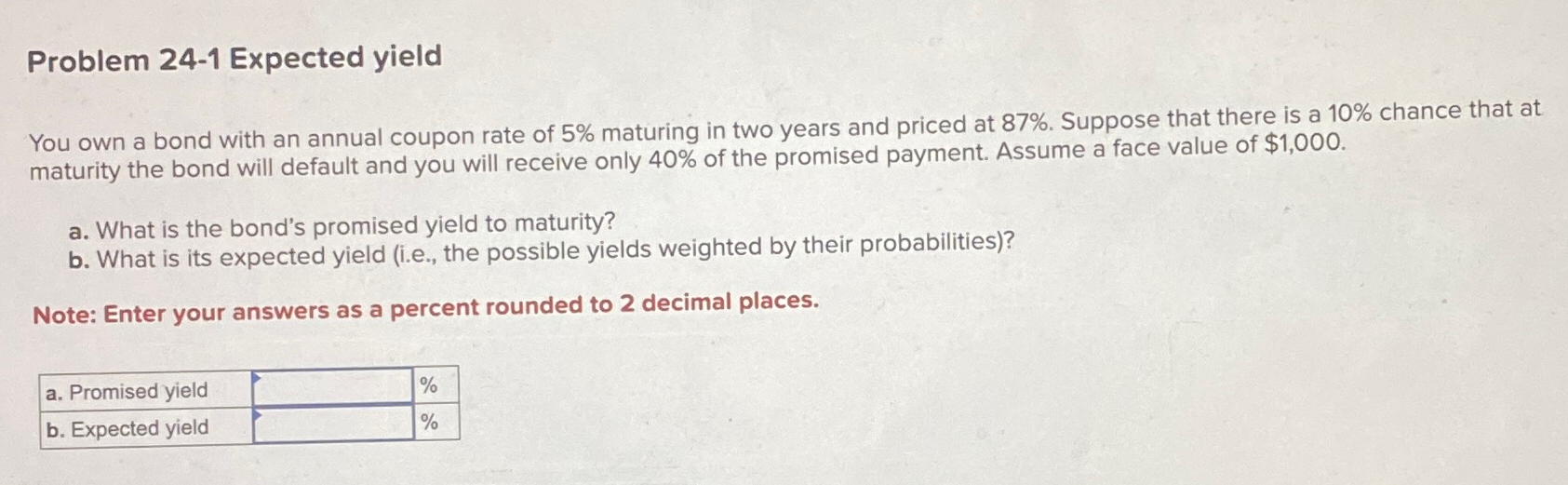 Solved Problem 24-1 ﻿Expected yieldYou own a bond with an | Chegg.com