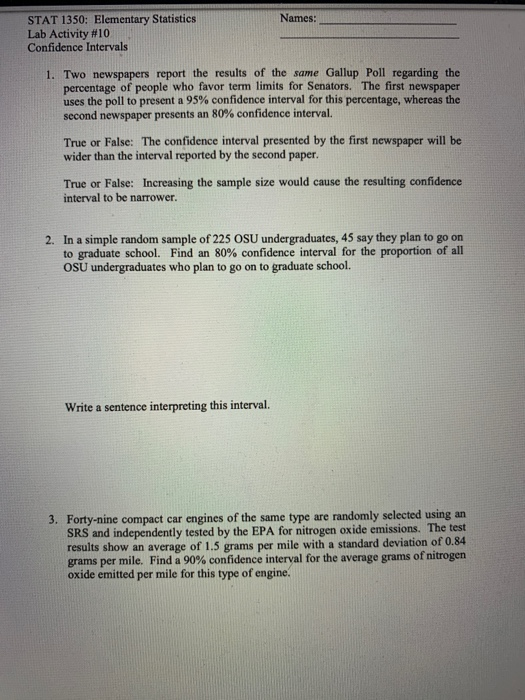 Solved STAT 1350: Elementary Statistics Lab Activity #10 | Chegg.com