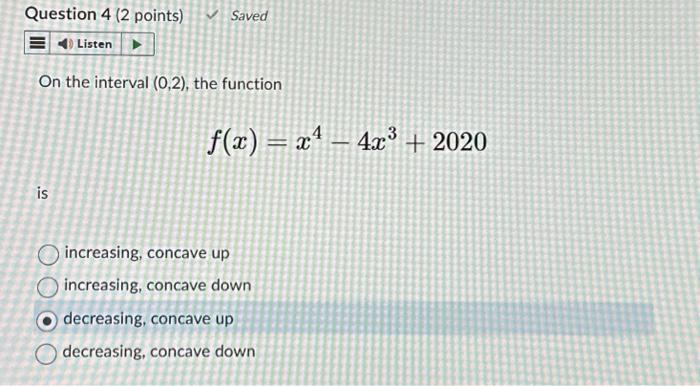 Solved On the interval (0,2), the function f(x)=x4−4x3+2020 | Chegg.com