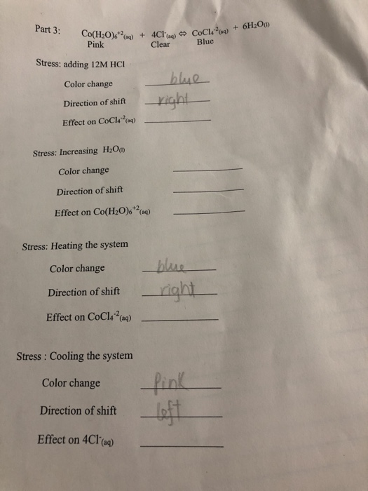 Solved Part 3: Co(H20)6-(4 COCl (4) Co(H2O)6212) + 4Cl(aq) + | Chegg.com