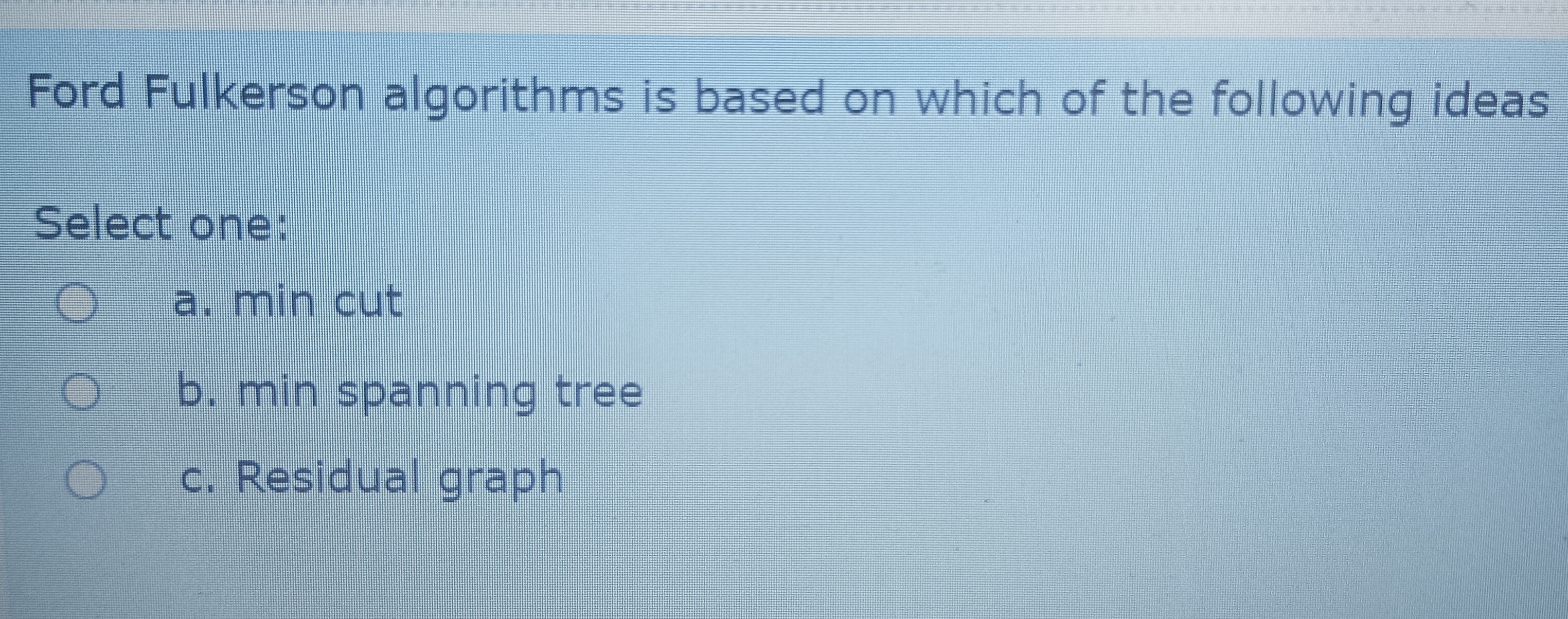 Solved Ford Fulkerson algorithms is based on which of the | Chegg.com
