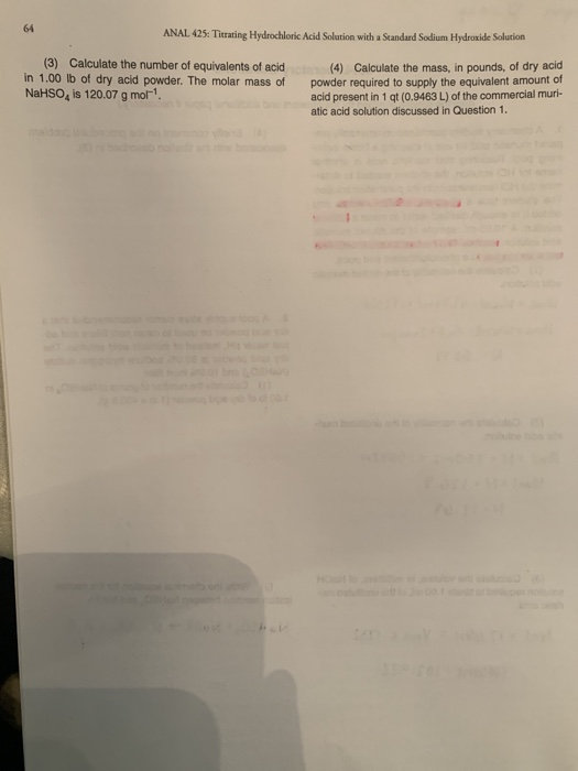 Solved 64 ANAL 425: Titrating Hydrochloric Acid Solution | Chegg.com
