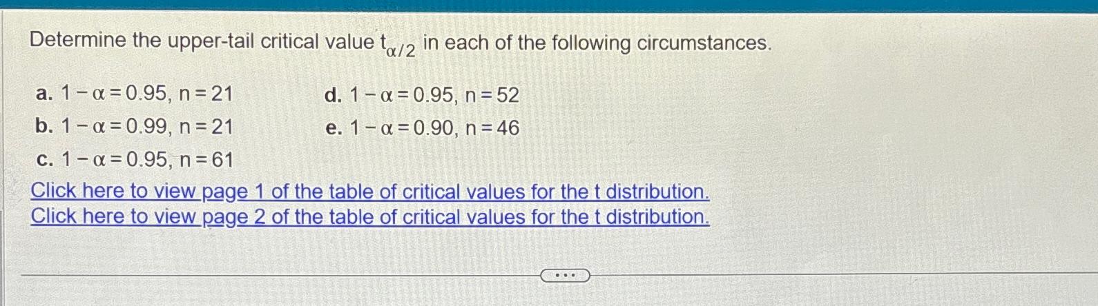 Solved Determine the upper-tail critical value tα2 ﻿in each | Chegg.com