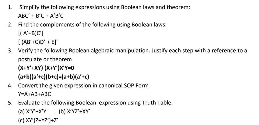 Solved 1 Simplify The Following Expressions Using Boolean