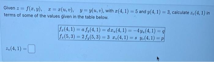 Solved Given z=f(x,y),x=x(u,v),y=y(u,v), with x(4,1)=5 and | Chegg.com