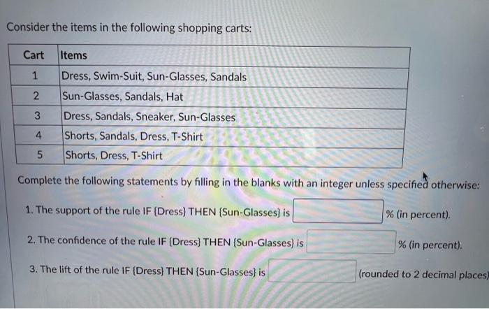 Solved Consider the items in the following shopping carts: | Chegg.com