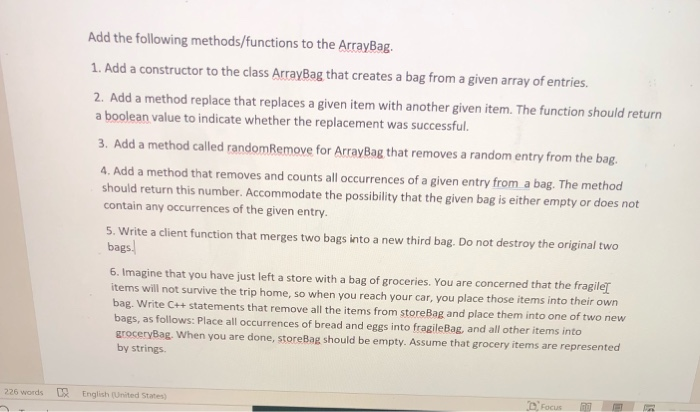 Solved Add the following methods/functions to the ArrayBag. | Chegg.com