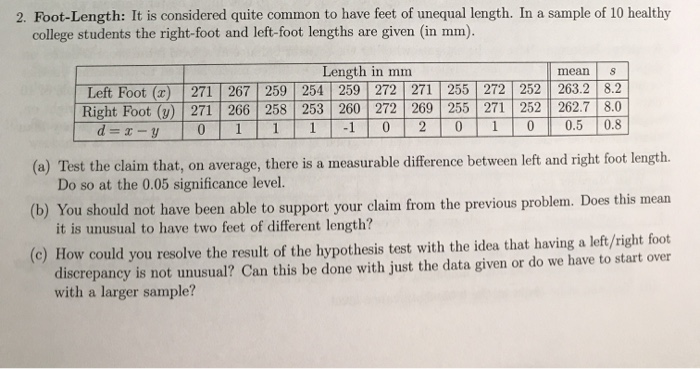 Solved 2. Foot-Length: It is considered quite common to have | Chegg.com