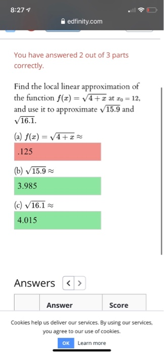 Solved 8:274 edfinity.com You have answered 2 out of 3 parts | Chegg.com