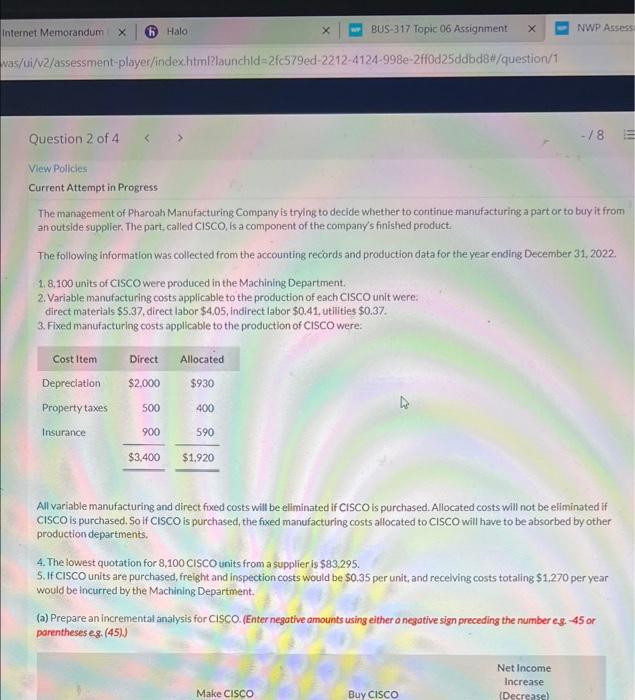 Solved Internet Memorandum Х 6 Halo х BUS-317 Topic 06 | Chegg.com
