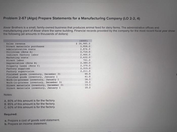 Solved Problem 2-67 (Algo) Prepare Statements for a | Chegg.com