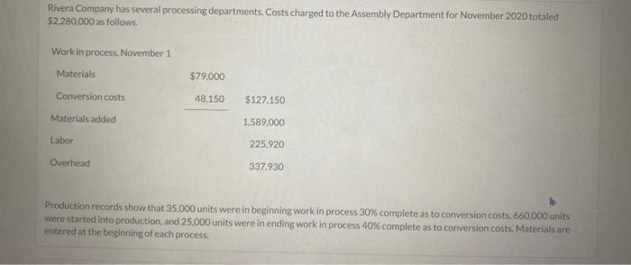 Solved Rivera Company has several processing departments, | Chegg.com